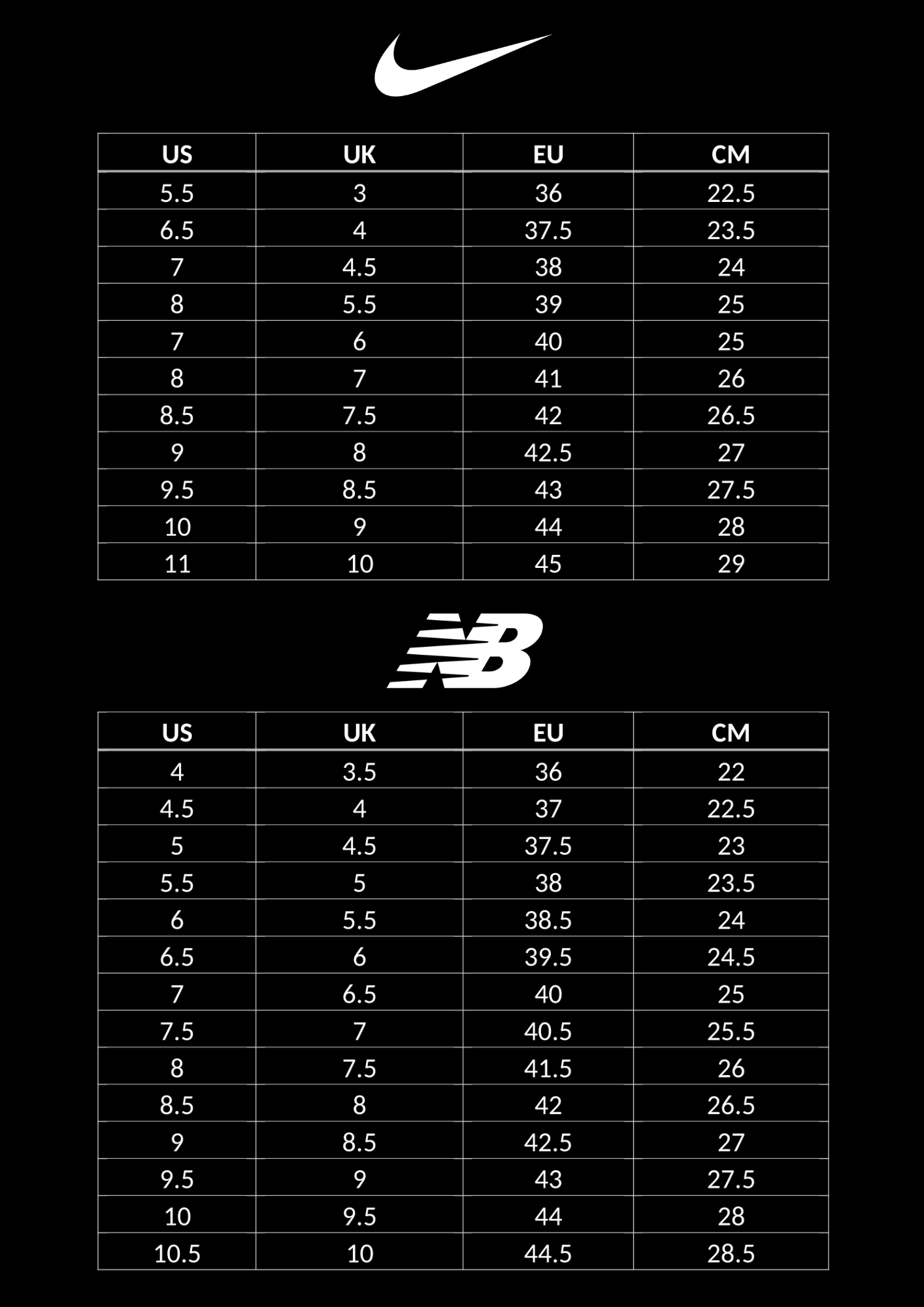 Size chart – Sneakers Hut